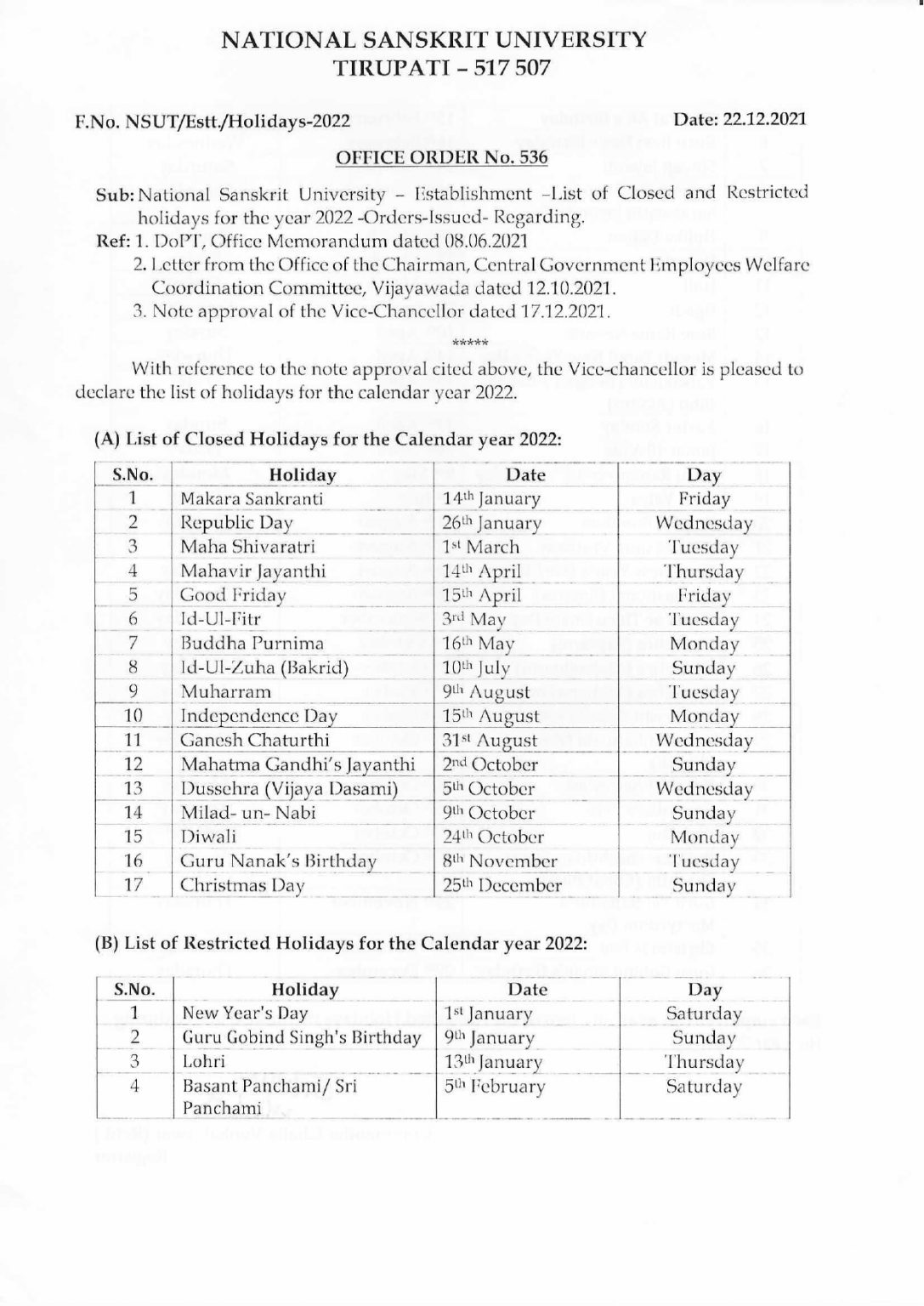 List of University Holidays